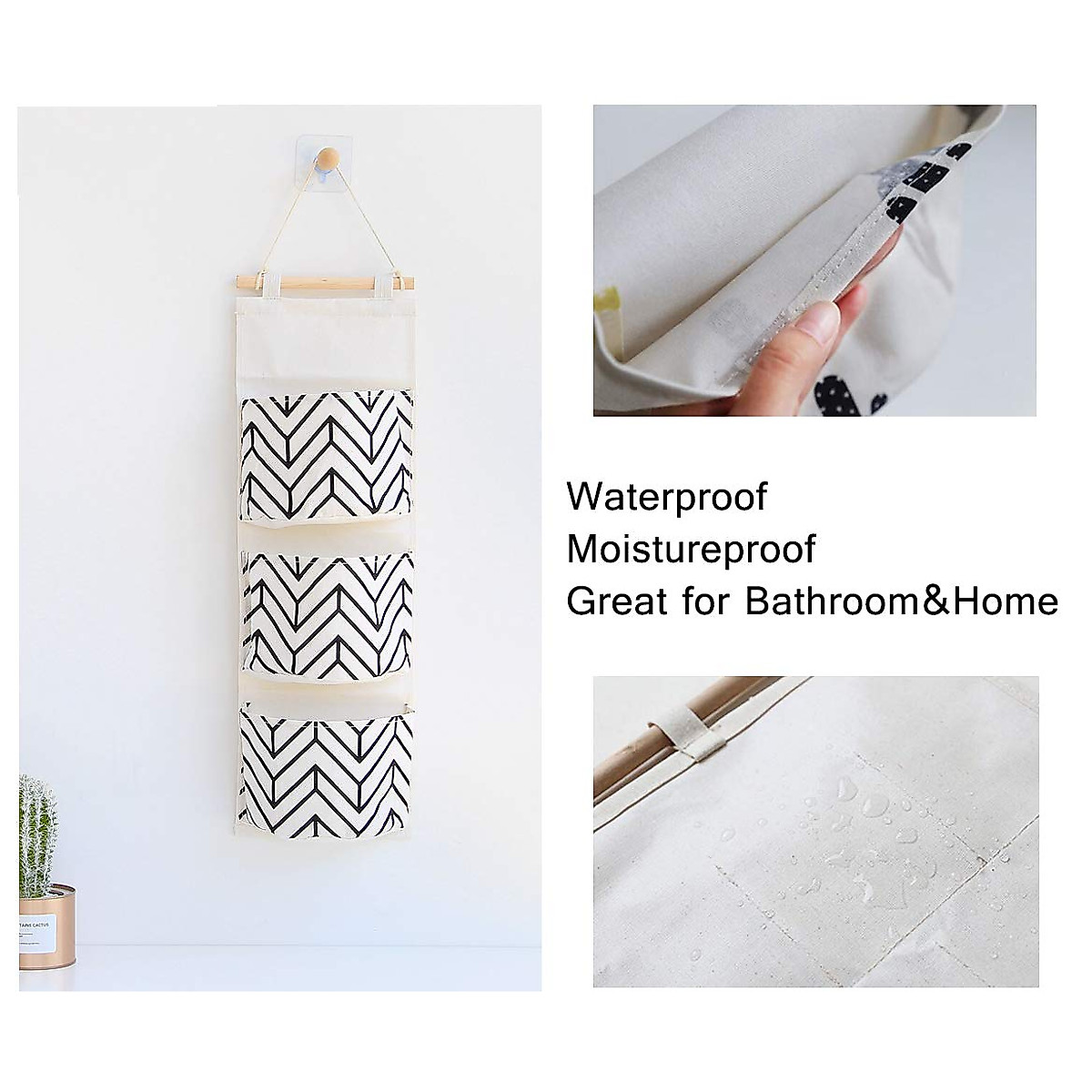 KRLIFCSL Over The Door Clost Hanging Storage Bag with 3 Pockets Canvas Fabric Wall Storage Organizer, 2 Pcs Adhesive Wall Hooks,2 Pack (Black)