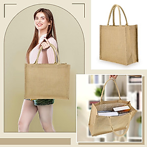 Sanwuta 50 Pcs Burlap Tote Bag Bulk Jute Tote Bags with Laminated Reusable Summer Tote Blank for Mother Teacher DIY Bridesmaid Wedding Shopping Beach, 14.96 x 11.81 x 5.91 Inch