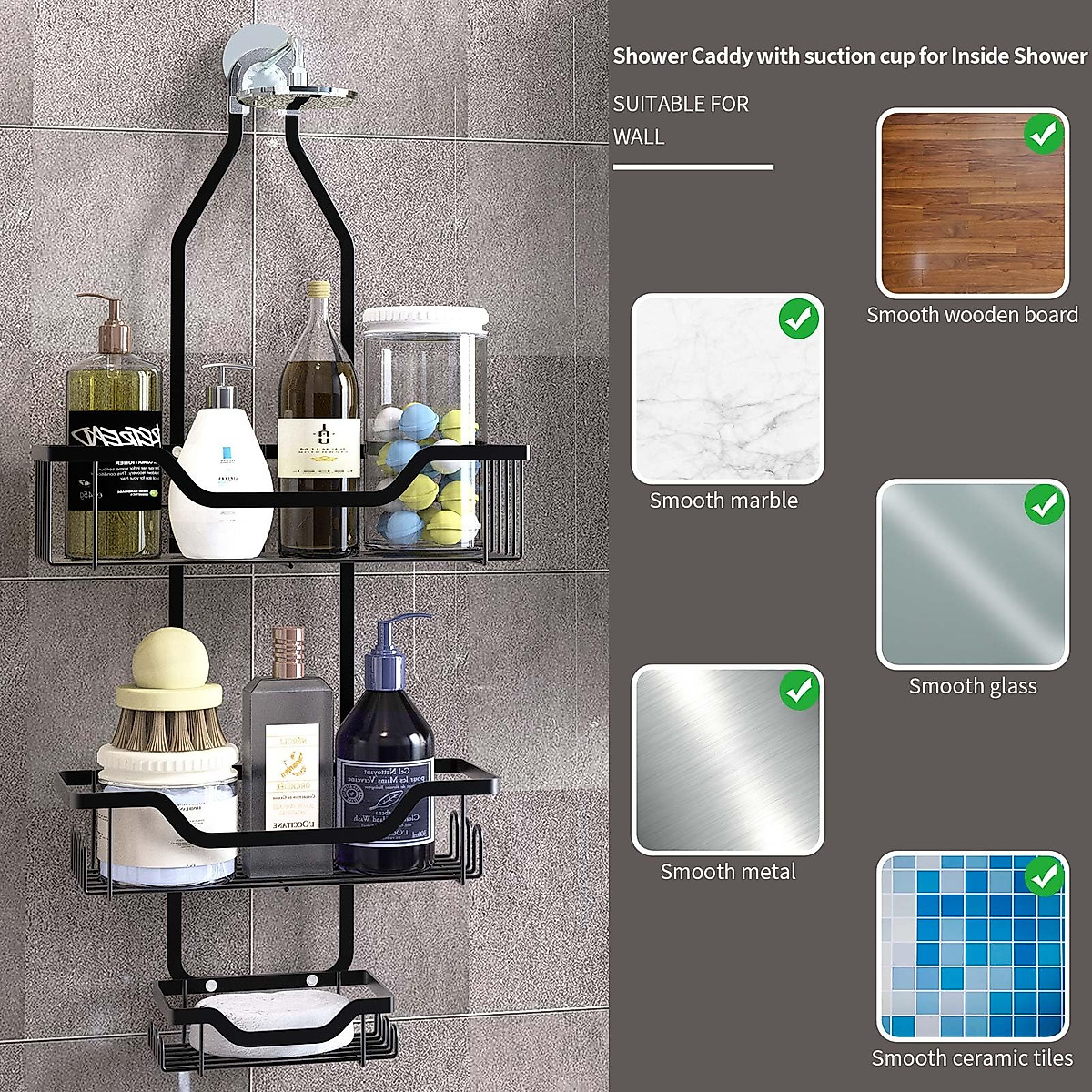 Singolas Shower Caddy Hanging, Over the Shower Head Caddy Organizer with 12 Hooks for Razor and Sponge, Anti-Swing, Rustproof Bathroom Organizers and Storage Hanging Shower Organizer Bathroom Shelves