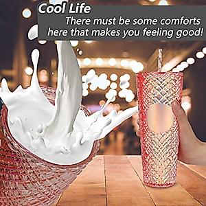 EVERGLITTER 24oz Rose Gold Jeweled Tumbler with Lid and Straw,BPA-FREE,Plastic Double Wall Insulated Water Bottles with Straw,Jeweled Cups with Lid Leakproof,Pink Tumbler Gifts for Women,Keep Colds