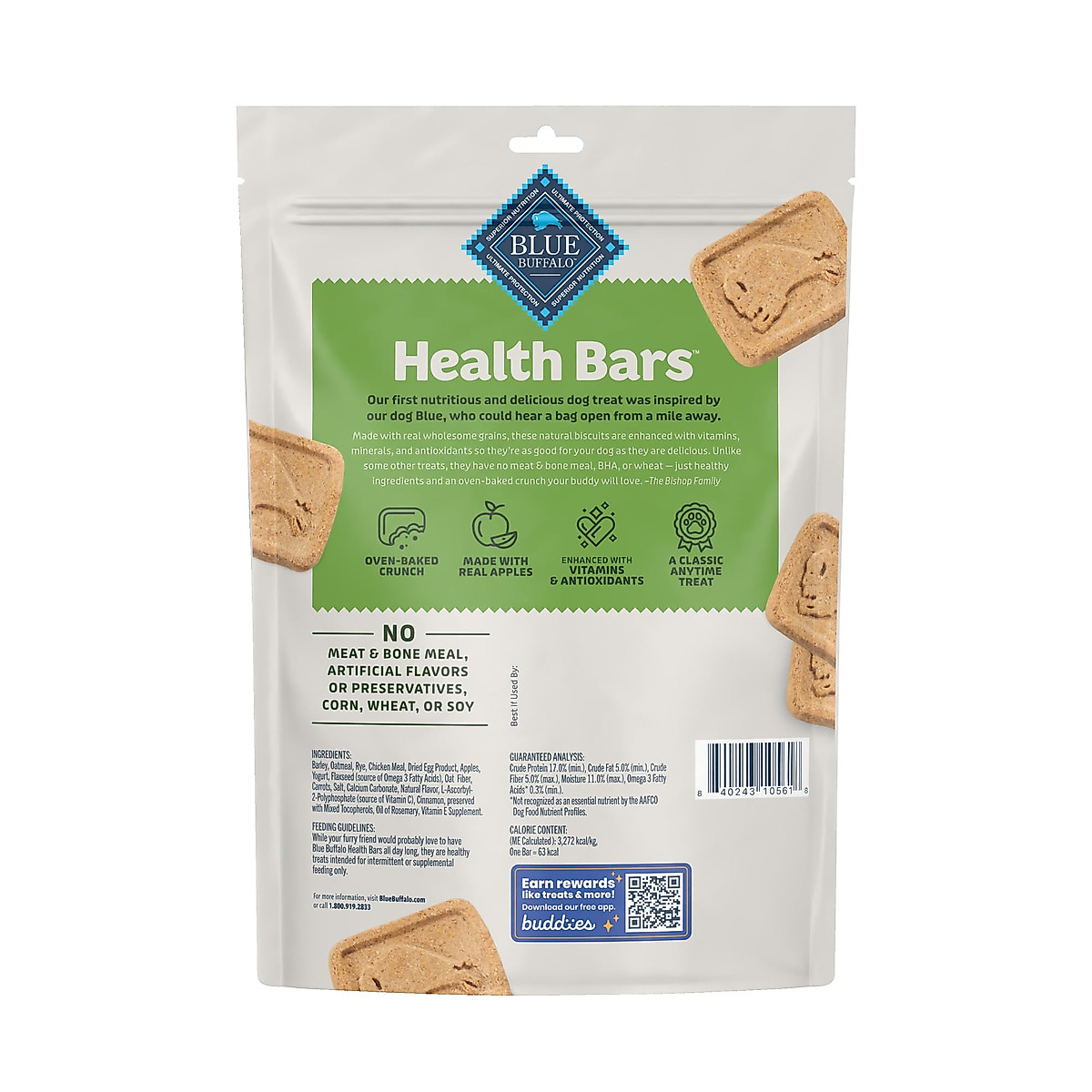 Blue Buffalo Health Bars Natural Crunchy Dog Treats Biscuits, Apple & Yogurt 16-oz Bag