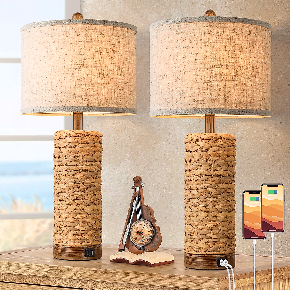 Set of 2 Rattan Table Lamps for Living Room with 2 USB Ports, 27in Tall Bedroom Lamp Costal Farmhouse, Rustic Woven Seagrass Bedside Nightstand Lamps for End Table, E26 Socket&Rotary Switch, No Bulb