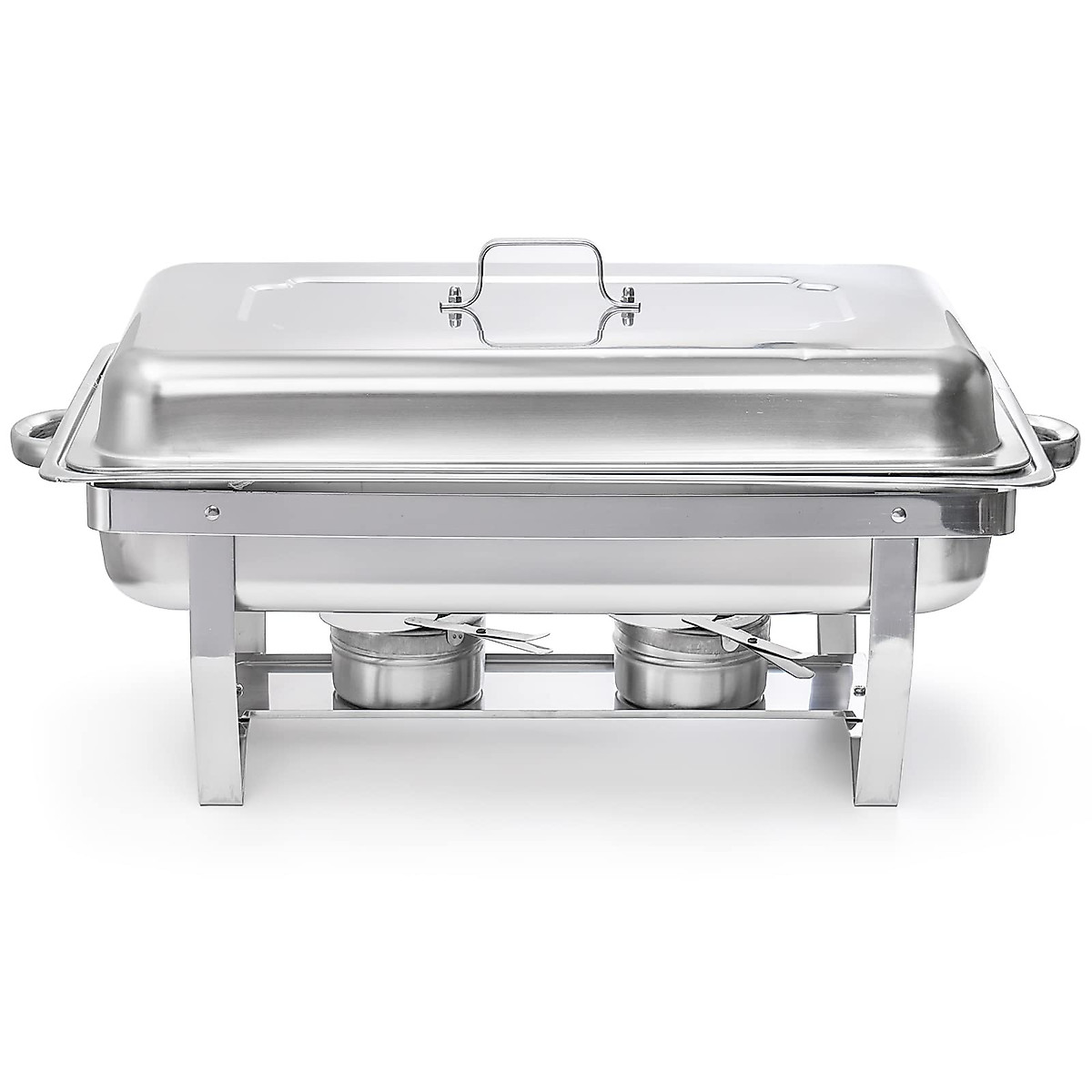Fasmov Chafing Dish Buffet Set, 8 Quart Stainless Steel Catering Serve Chafer, Restaurant Food Warmer, Rectangular Buffet Stove with 2 Half Size Food Pans and Folding Frame