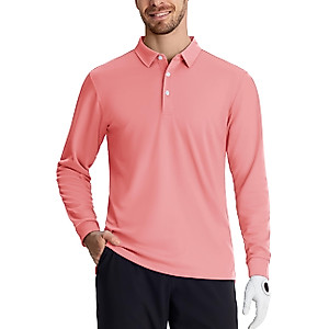 TACVASEN Mens Golf Shirts Long Sleeve Mens Polo Shirts Athletic Polo Shirt for Men Dry Fit Long Polo for Men Quick Dry Polo Shirts for Men Grey Pink