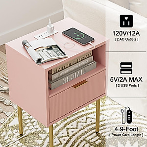 Masupu Night Stand with Charging Station,Mid-Century Modern Bedside Table with Storage Drawer and Open Wood Shelf,Small Gold Frame Side Table for Bedroom,Living Room (Pink)