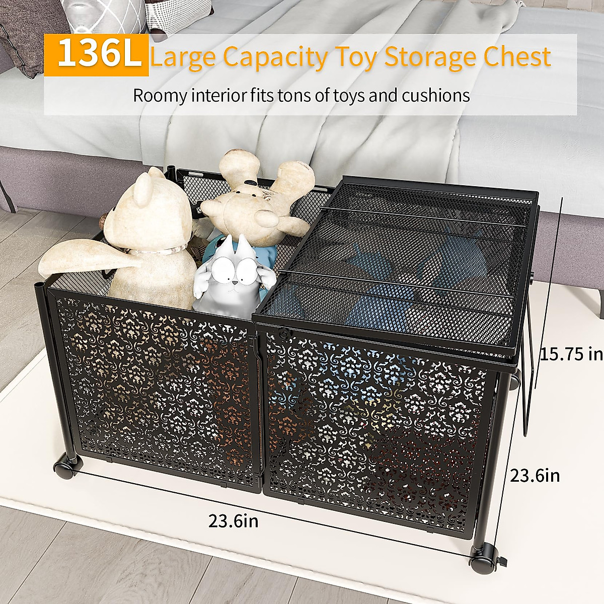 LOEVIICA Toy Box Toy Chest with Rotating Wheels and Sturdy Metal Lid, Metal Toy Organizers and Storage Boxes Baskets for Boys Girls Kids Room (Black (Small 2 Pack))