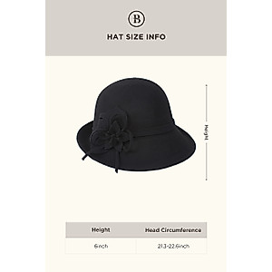 BABEYOND Womens 1920s Bucket Cloche Hat Gatsby Winter Wool Crushable Bowler Hat Vintage Cloche Round Hat with Flower Accent (Black)