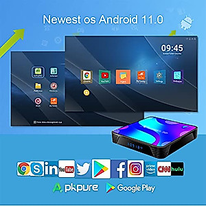 Android 11.0 TV Box, 4GB RAM 32GB ROM, Quad-Core Chip, Support Dual- WiFi 2.4G/5.8 GHZ, 4K 6K Utral HD / 3D / H.265 / HDR 10+/Bluetooth 4.2/USB 3.0/Come with Wireless Backlit Mini-Keyboard