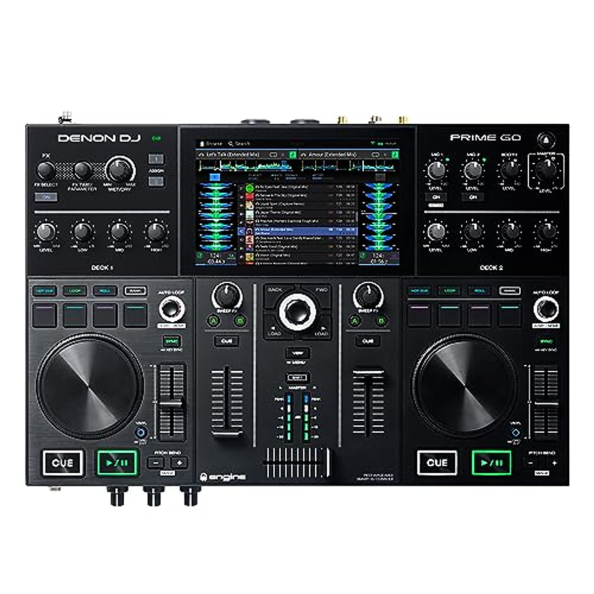 Denon DJ PRIME GO – Portable DJ Controller and Mixer with 2 Decks, WIFI Streaming, 7-Inch HD Touchscreen, DJ Set with Lights Control and Rechargeable Battery