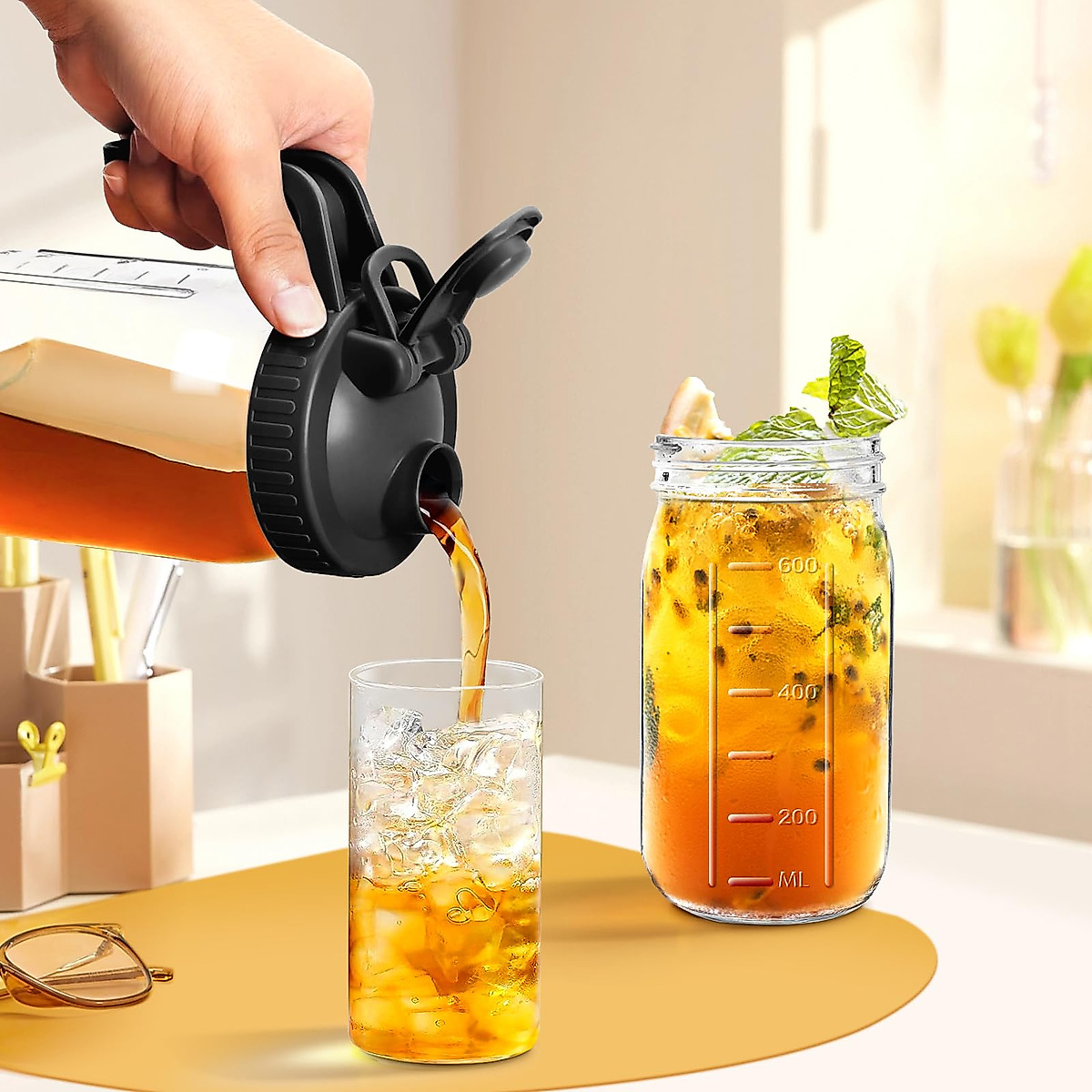 Mason Jar Pitcher, 32 OZ Glass Pitcher with Lid Double Leak-proof with Handle Water Jug Wide Mouth Breast Milk Pitcher Fridge Container for Water, Juice, Iced Coffee, Tea, Juice - Black