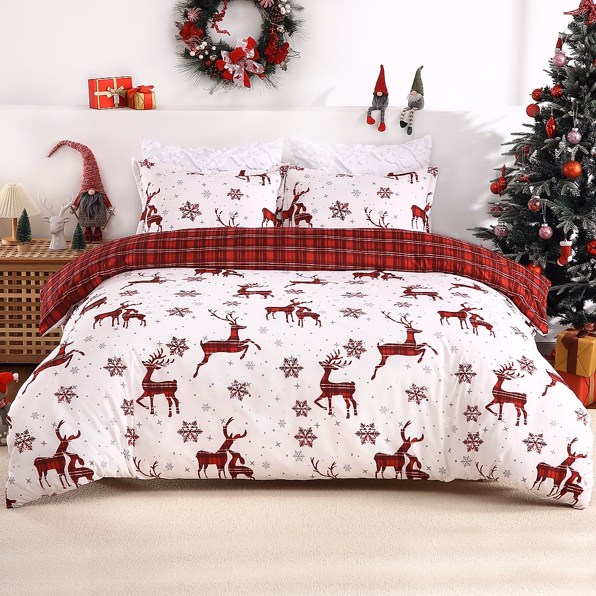 STARBEDIA Christmas Duvet Cover King, Soft Brushed Microfiber Comforter Cover Sets, Reindeer Printed Holiday Theme Bedroom Decorative Bedding (King Size, Red Plaid Deer)