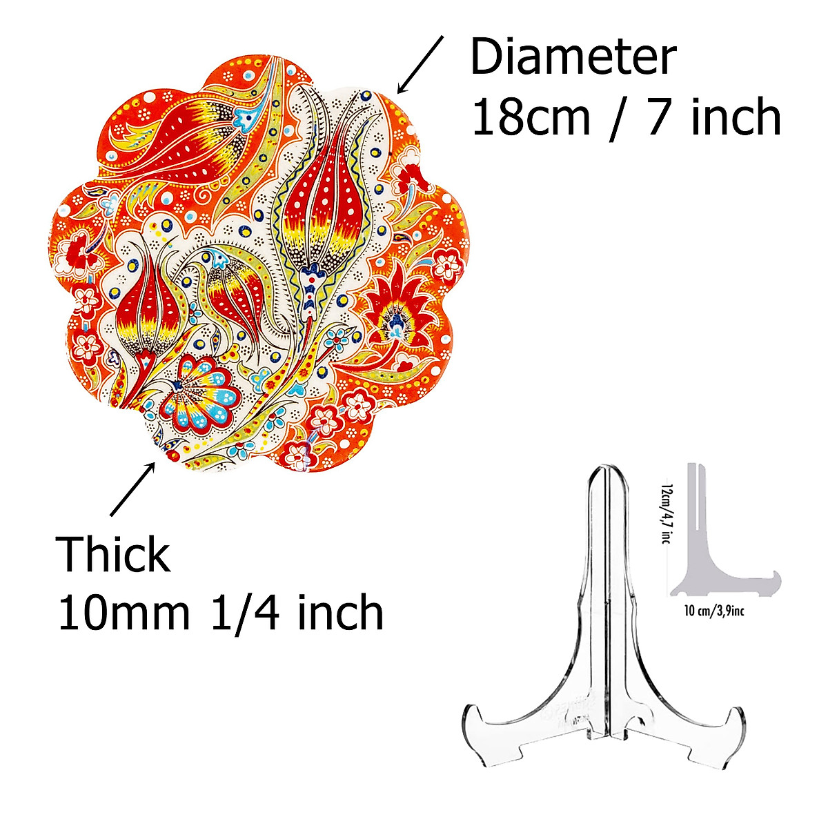 Küchengeräte 18 cm/7" inc Hand Painted Decorative Tulip Patterned Turkish Ceramic Trivet Coaster - Very Stylish - Scratch Proof Heat Resistant & Great Kitchen Home Office Decor - Best Gift Idea