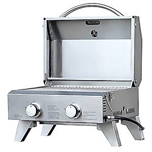 Portable Gas Grill with Two 10,000 BTU Burners & Carry Case | Small BBQ Grill | Electric Ignition | Carry Bag Included | Foldable Legs | Built-In Thermometer | Connector Hose with Regulator Included