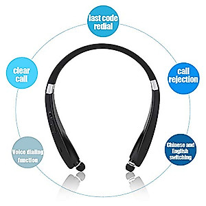 Neckband Headphones, Wireless Neckband Headset with Retractable Earbuds, Sports Sweat Proof Noise Cancelling Foldable Stereo Earphones Bluetooth Headphones with Mic(Black)