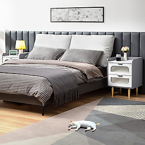 SICOTAS Night Stand with 2 Drawers, Modern Wood Nightstand Fluted Tempered Glass Marble Bed Side Table with Storage Large End Tables with Gold Legs for Bedroom Living Room, White and Grey