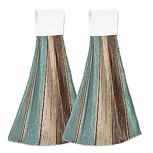 Retro Wood Hanging Kitchen Towels Set 2 Pcs - Brown Stripe Dish Cloth Tie Towels Hand Towel Tea Bar Towels for Bathroom Tabletop Home Decor