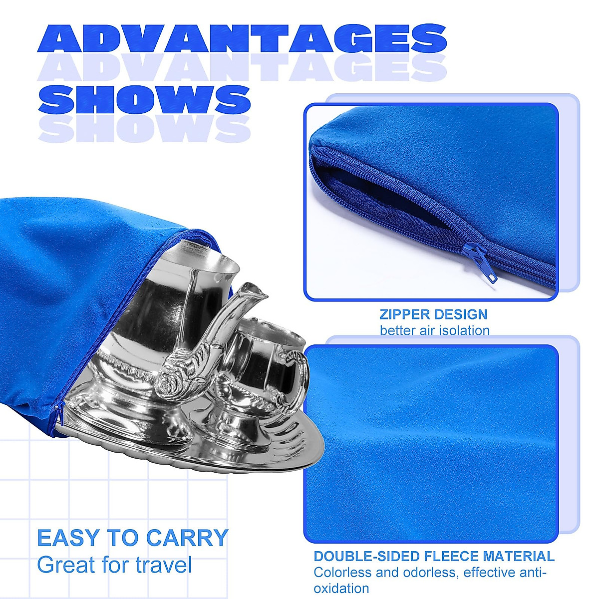 Sanwuta 8 Pcs Zippered Silver Storage Bags Anti Tarnish Bags Silver Pouches Silver Keeper Jewelry Storage Protector Bags (Navy Blue, 15 x 15 Inch)