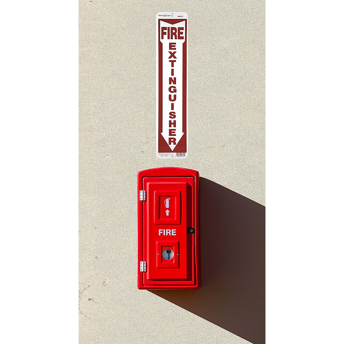 Hillman 844112 White and Red Aluminum Fire Extinguisher Sign with Arrow Symbol, 4" x 18"