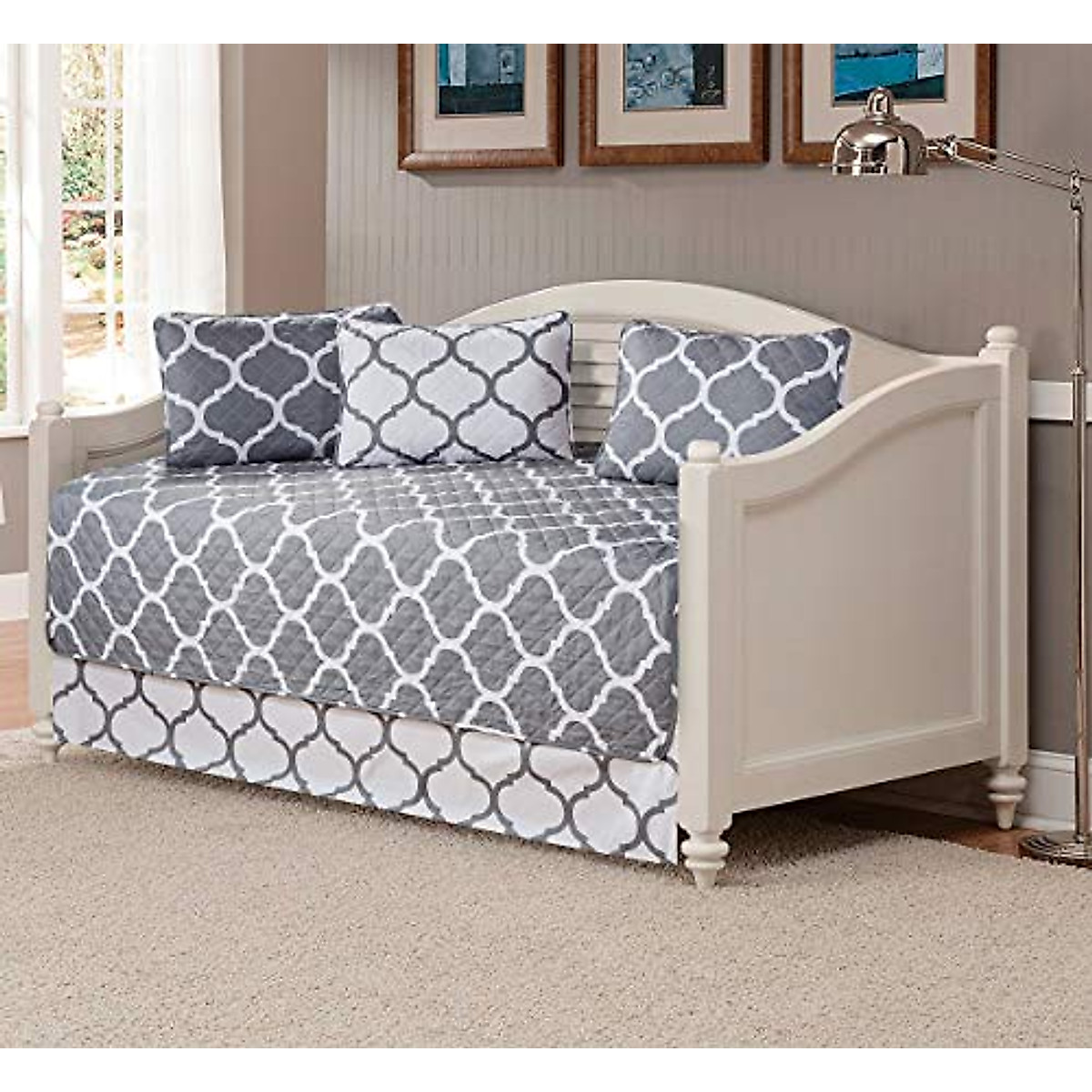 Linen Plus 5pc Daybed Cover Set Quilted Geometric Bedspread New (Grey)