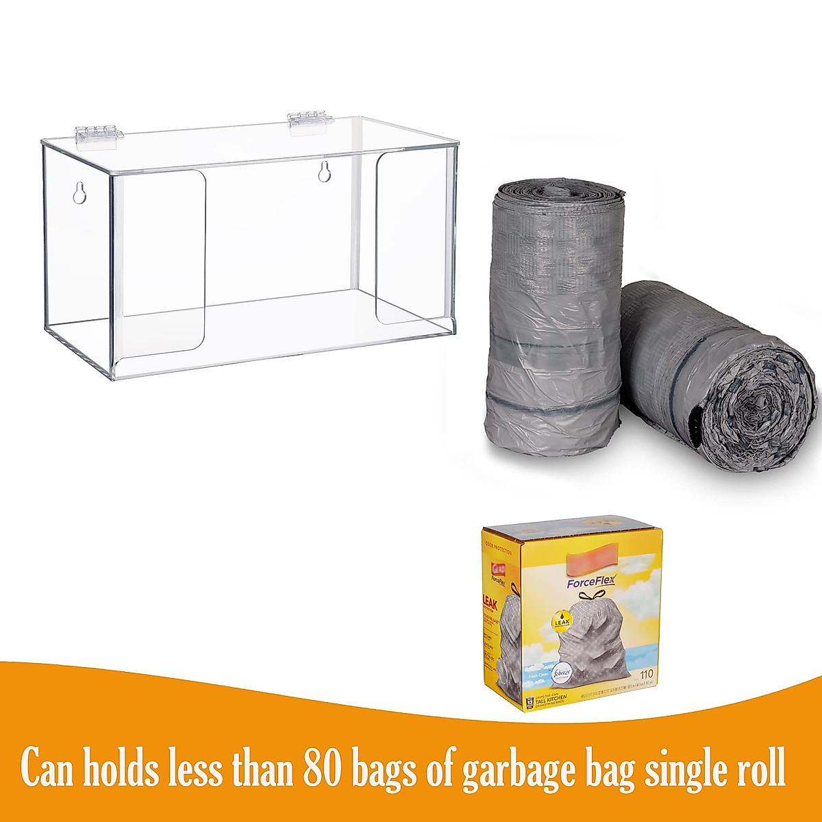 Aphbrada Trash Bag Dispenser Roll Holder, Wall Mount Acrylic Garbage Bag Dispenser Roll Holder with Lid Compatible with Glad Hefty 13 30 33 Gallon Trash Can Liner Bags, Clear (Standard)