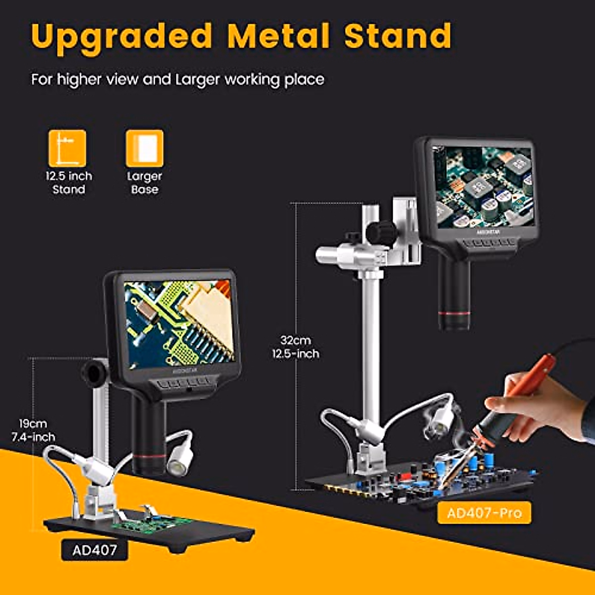 Andonstar AD407-Pro 2160P 3D HDMI 4MP Digital Microscope, Soldering Microscope Pro Metal Stand, 7" LCD USB Electronic Microscope Camera for PCB Phone Repair, DIY Electronics, SMD SMT BGA Circuit Board