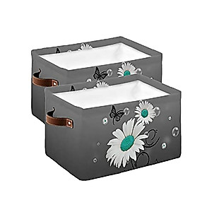 Teal White Daisy Storage Bins 2 Pack, Large Waterproof Storage Baskets for Shelves Closet, Rustic Bubble Abstract Art Gray Storage Basket Foldable Storage Box Cube Storage Organizer with Handles