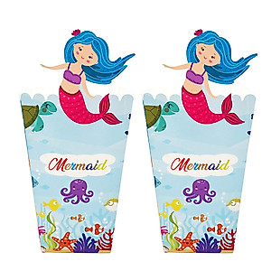 Sumerk 12Pcs Mermaid Popcorn Boxes Candy Snacks Containers for Movie Night, Carnival, Theater Paper Popcorn Bags for Children's Baby Girls Birthday Party Decorations