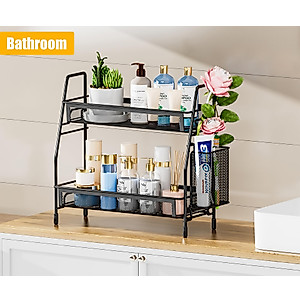Famhap Bathroom Counter Organizer, Bathroom Organizer Countertop with Side Basket, Kitchen Countertop Organizer, Metal Spice Rack Organizer, Black 13.8"x7"x12.6"