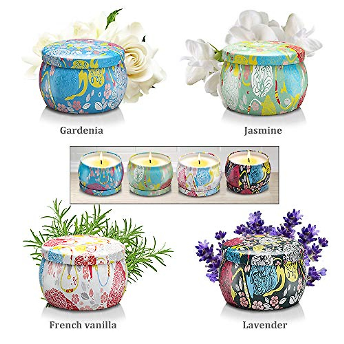 Scented Candles Gifts Set for Women,Gardenia, Lavender, Jasmine and Vanilla, Natural Soy Wax, Gifts on Anniversary, Valentine's Day and Mother's Day for Aromatherapy, Bath, Yoga, Spa