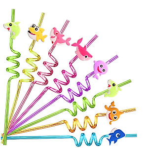 24 Shark Party Favors Reusable Plastic Straws for Boys Girls Kids Baby Swimming Ocean Shark Themed Birthday Party Supplies Decorations with 2 Cleaning Brushes