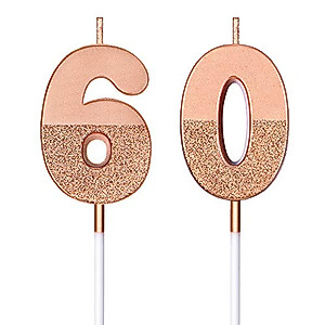 BBTO 60th Birthday Candles Glitter Cake Numeral Candles 60th Birthday Cake Topper Decoration for Birthday Wedding Anniversary Celebration Favor, Rose Gold