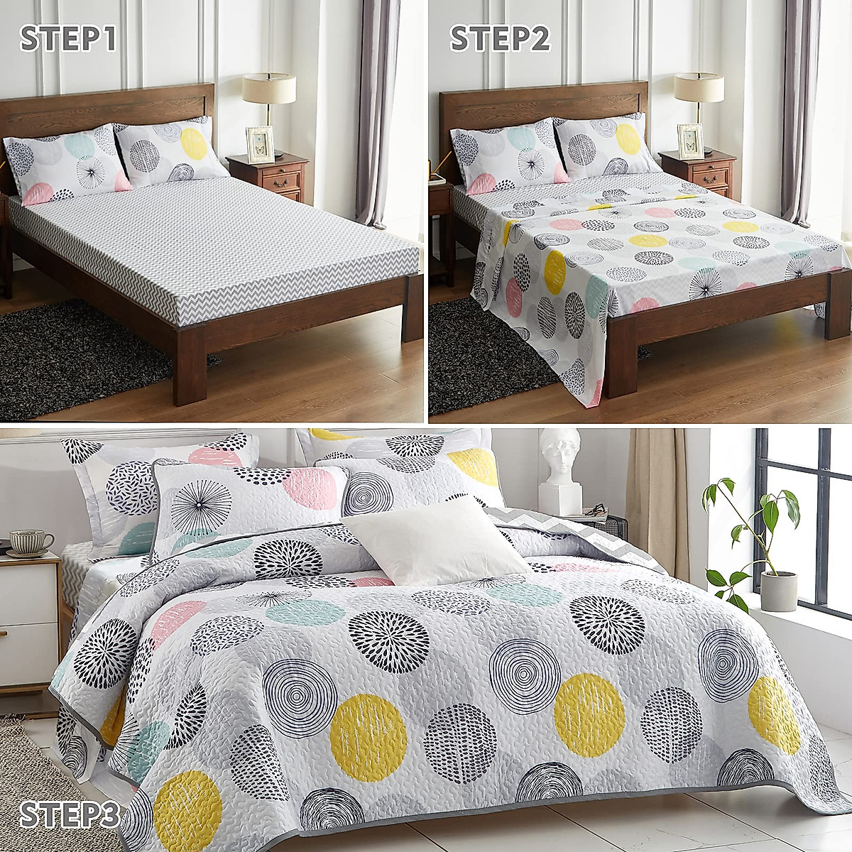 UOZZI BEDDING 7 Piece Quilt Set Bed in a Bag Colorful Dots King Size All Season Bedspread Coverlet with (1 Reversible Quilt 101x88, 2 Pillow Shams, 1 Flat Sheet, 1 Fitted Sheet, 2 Pillowcases)