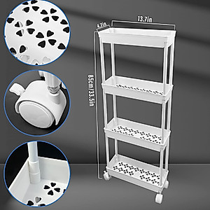 4 Tier Kitchen Bathroom Storage Rolling Cart 39 Inches Tall Slim Utility Rolling Shelf Cart with 4 Universal Wheels Coner Storage Shelves Cart White