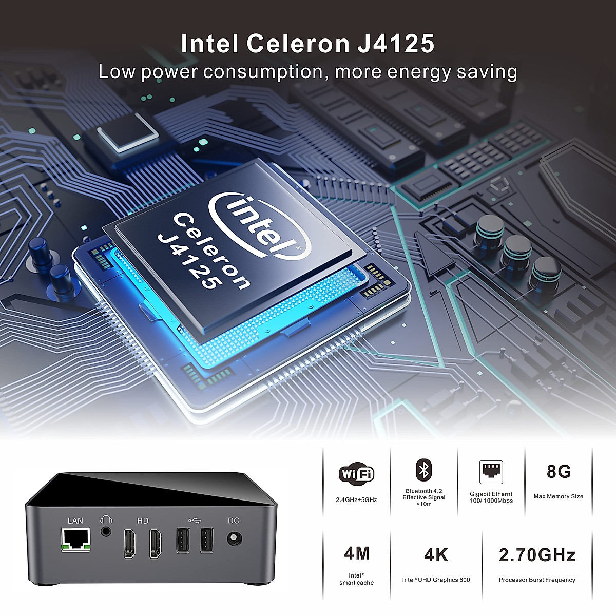 Mini PC Windows 10 Pro, Intel Celeron J4125(up to 2.7GHz) Mini Computers 8GB LPDDR4 128GB SSD Small Desktop PC Support Dual WiFi/Gigabit Ethernet /BT4.2 /USB3.0 /4K HD