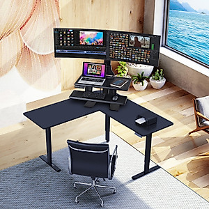 AVLT Dual 32" Monitor Electric Standing Desk Converter with Huge Keyboard Tray Extra Large 28"x 16" Spacious Tabletop Motorized Automatic Height Adjustable Sit to Stand Table Sturdy Small Footprint