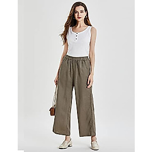 IXIMO Women's 100% Linen Pants Elastic Pleated Wide Leg Straight Fit Palazzo Pants Capri Style_ Dark Khaki XL