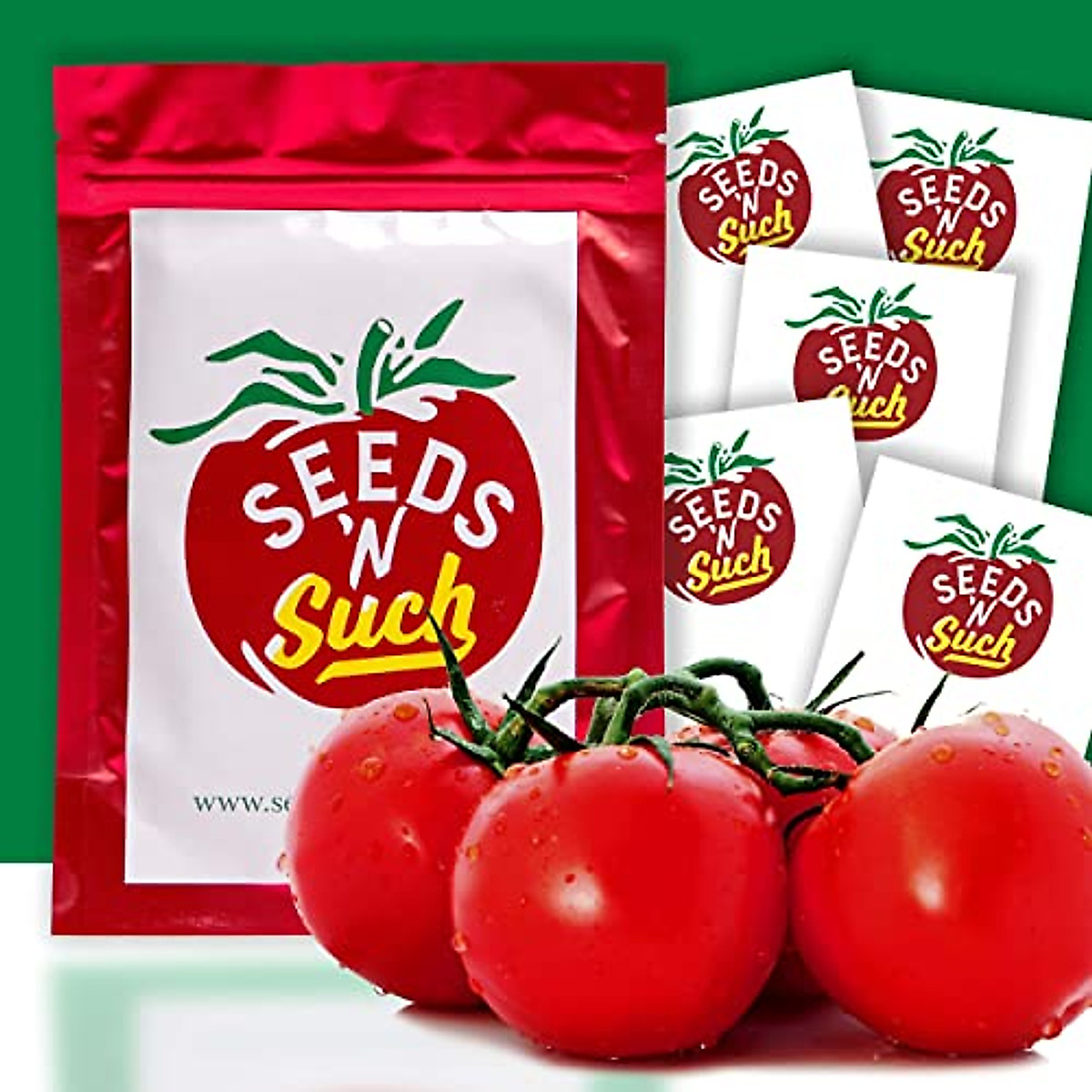 Seeds N Such 150 Hand Selected Tomato Garden Seeds | 5 Individually Packaged Seeds Goliath Original, Goliath Sunny, Sweet Million Hybrid, Mortgage Lifter & Containers Choice Red | Untreated & Non-GMO