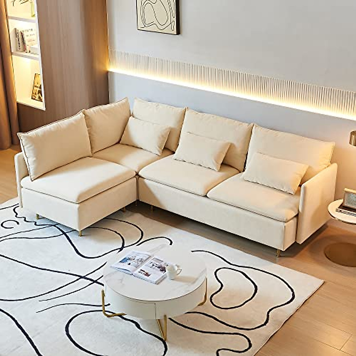 GreatHome L-Shaped Modular Sectional Couch, 4-Seater Corner Sectional Sofa, Modern Beige Fabric L Sofa with 3 Pillows Included and Gold Metal Legs, for Small Space