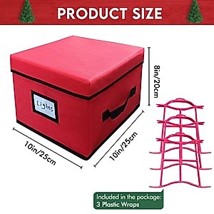 EDSRDUS Christmas Holiday Light Storage Box - Non-Woven Fabric, with 3 Light Storage Wraps, Lights Organizer Container Reinforced Stitched Handles（Light String not Included）