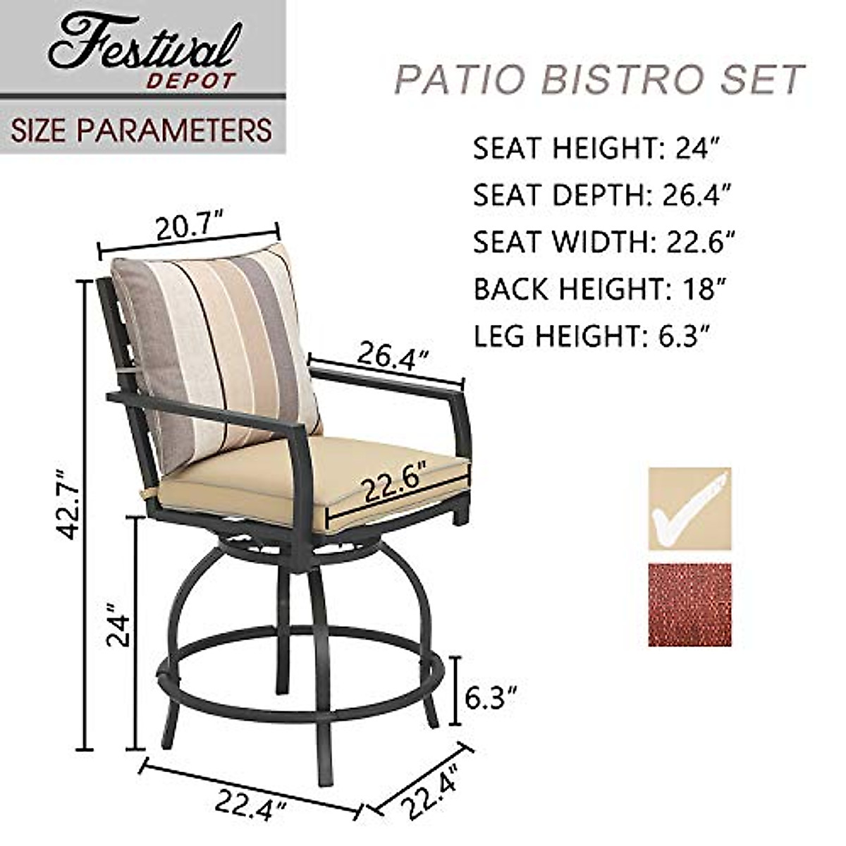 Festival Depot 2pcs Bar Bistro Outdoor Patio Furniture 360° Swivel Chairs Armrest Height Stools with Soft & Comfort Cushion Metal Steel Frame Legs for Lawn Garden Deck Poolside All-Weather (Original)