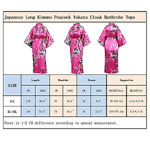 Heone Japanese Long Kimono Satin Peacock Printed Lightweight Cardigan Jacket Coat Loose Yukata Cloak Bathrobe Tops folding fans Tabi Socks Set(Coralred XL-5XL)