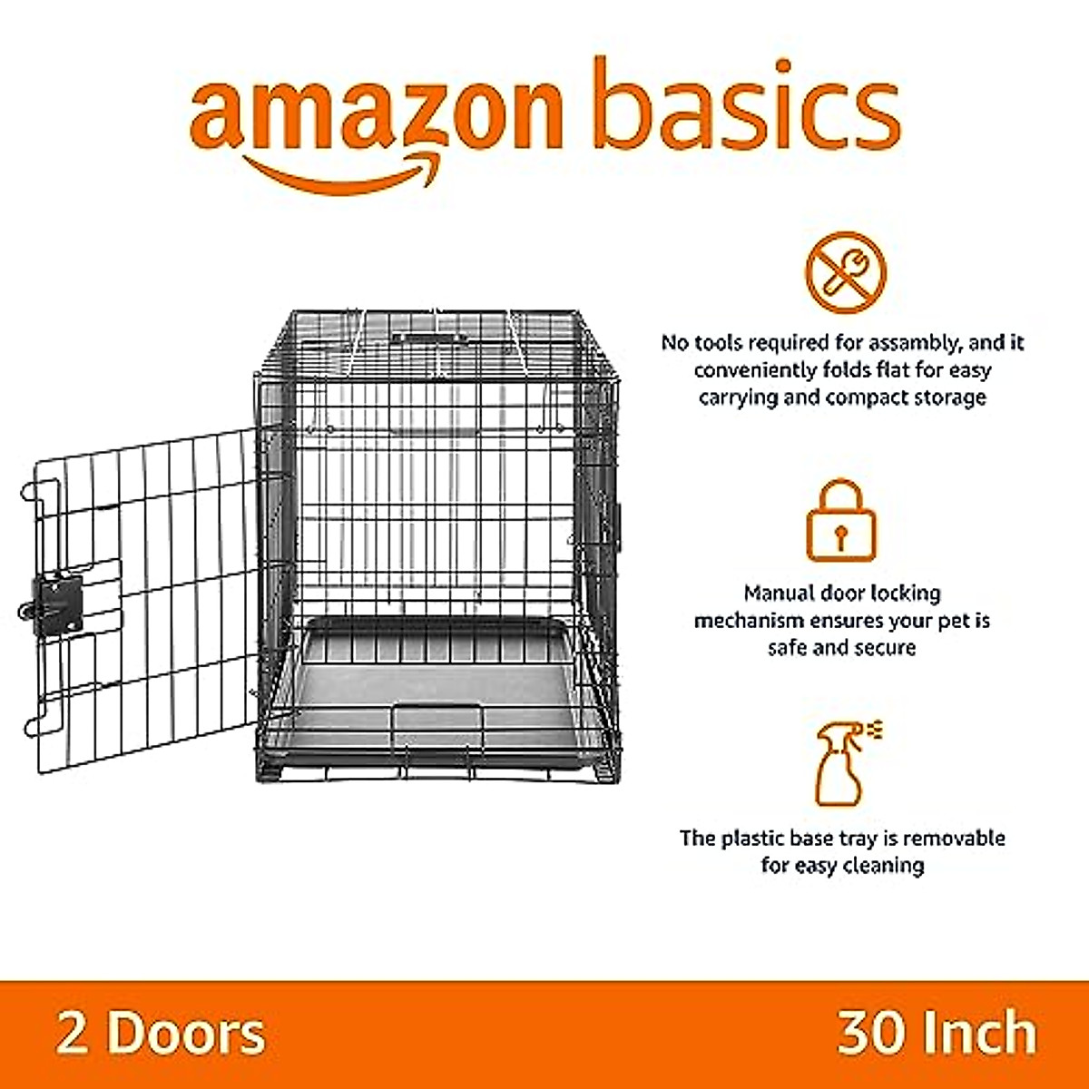 Amazon Basics Durable,Foldable Metal Wire Dog Crate with Tray, Double Door, 30 Inches, Black