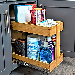 2-Tier Sliding Under Sink Organizer, Pull Out Bamboo Wood Storage Drawer Organization, Cabinet Shelf for Bathroom, Kitchen Cupboard, Slide Out Spice Rack Container Lid Organizer with Dividers