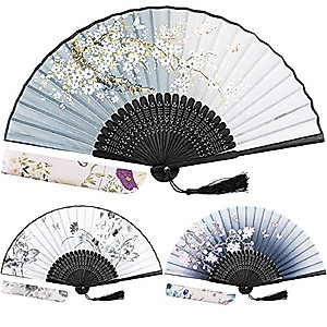 EAONE 3 Pcs Hand Folding Fan, Abanicos de Mano Chinese Vintage Style Handheld Fan with Fabric Sleeve, Silk Fan with Bamboo Frame and Elegant Tassel for Party Wedding Dancing Decoration