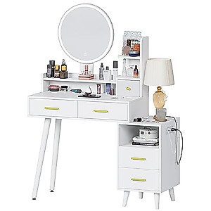 ADORNEVE Makeup Vanity with Lights in 3 Colors, Vanity Table with Charging Station, White Vanity Desk with Mirror and Lights, Makeup Table with 5 Drawers & Nightstand for Women Girls, White