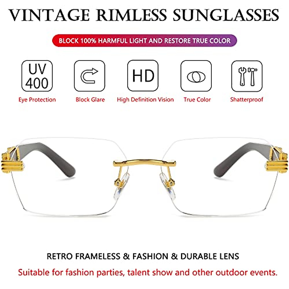 AIEYEZO Retro Rimless Sunglasses Rectangle Women Men Vintage Frameless Sun Glasses Fashion Frameless Square Tinted Glasses (Gold/Transparent)