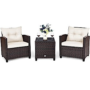 HAPPYGRILL 3 Pieces Patio Conversation Set Outdoor Rattan Wicker Bistro Sofa Set Patio Furniture Set with Washable Chair Cushions and Tempered Glass Top Coffee Table, White