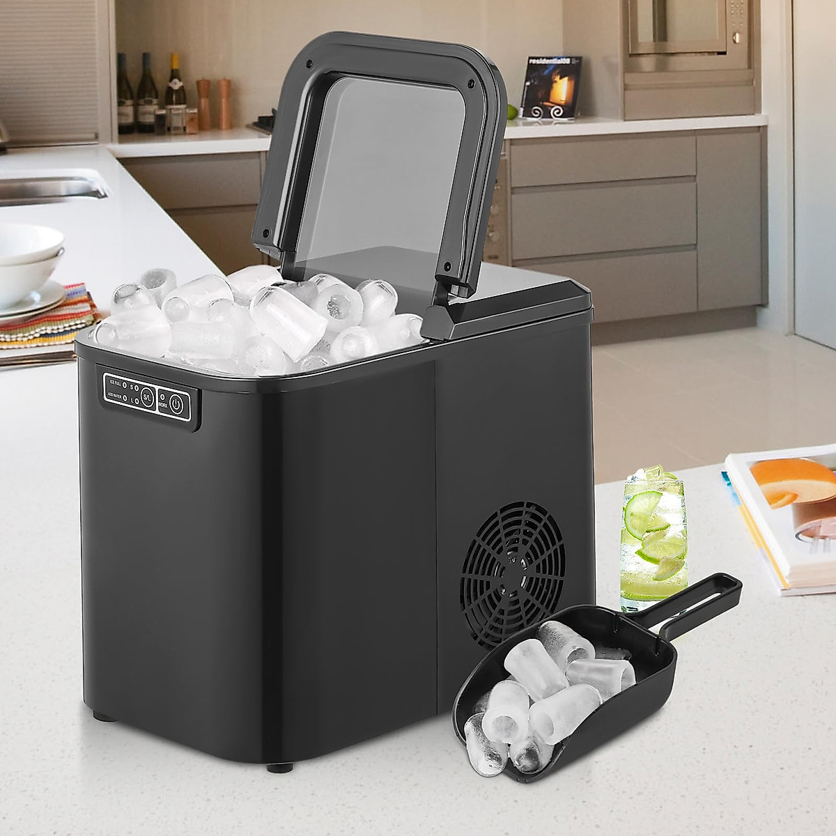 Magshion Ice Maker Countertop with Self-Cleaning, 26lbs/24H, Bullet-Shaped Ice (2 Sizes), Digital Display & Timer, 1.8lbs Ice Storage Capacity, Ice Cube Maker Machine for Home & Kitchen (Black)