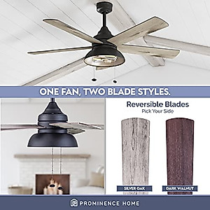 Prominence Home Brightondale, 52 Inch Industrial Style Indoor Outdoor LED Ceiling Fan with Light, Pull Chain, Dual Mounting Options, 5 Dual Finish Blades, Reversible Motor - 51659-01 (Matte Black)