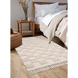 Lanffia Boho Checkered Tufted Rug - 3x5 Area Rug Beige Hallway Rug Washable with Tassels Indoor Farmhouse Floor Carpet for Kitchen Bathroom Laundry Doorway Bedroom Living Room